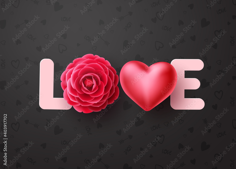 Love vector concept design. Love 3d text with dahlia or rose flower and ...