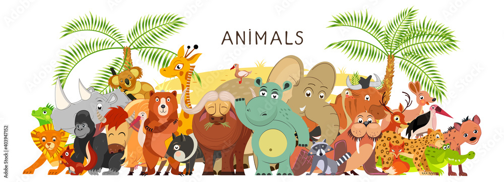 Large group of animals in cartoon flat style stand together. World ...
