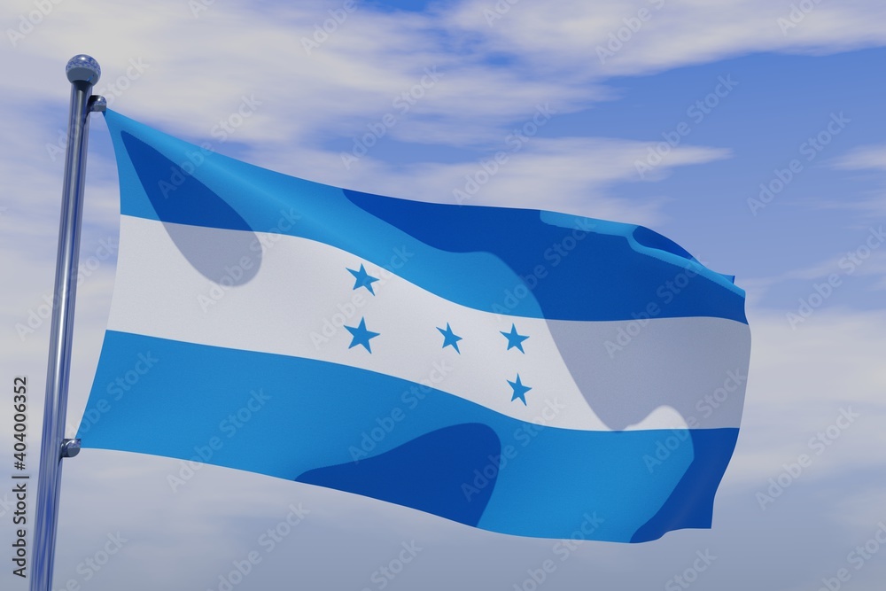 3D illustration of Waving flag of Honduras with chrome flag pole in ...