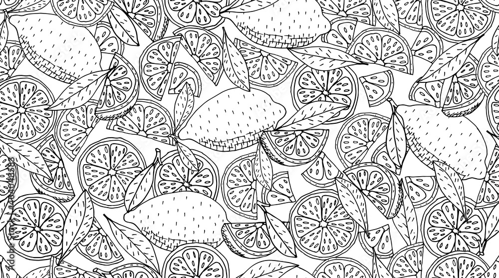 Seamless pattern of lemon fruits hand drawn, background . Coloring page ...