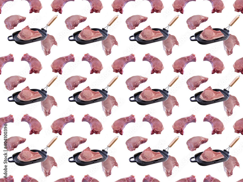 Seamless pattern with a piece of raw pork meat and vegetables falling ...