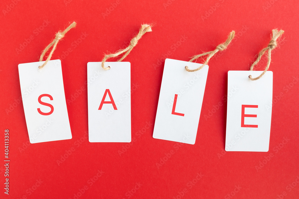 Four labels with the words Sale on a red background. Banner, poster ...