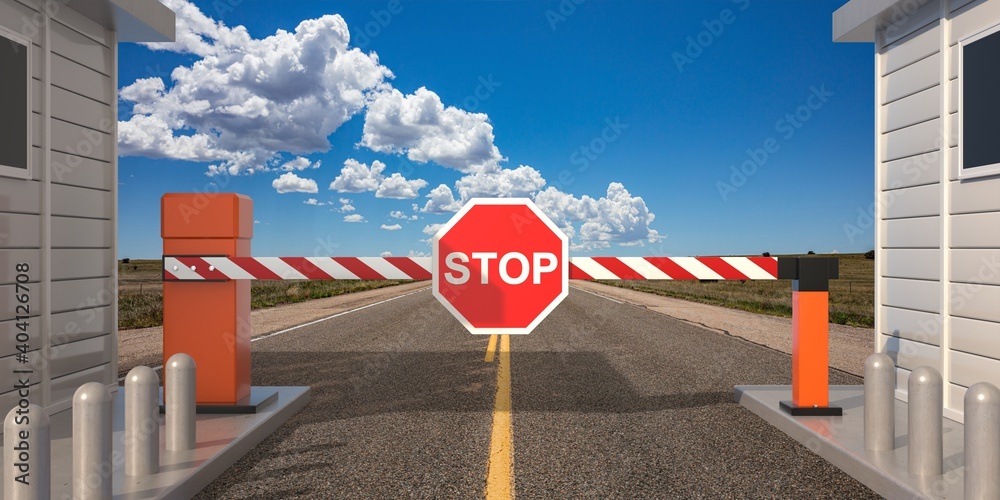 Closed barrier gate and stop sign, blue sky background. 3d illustration ...