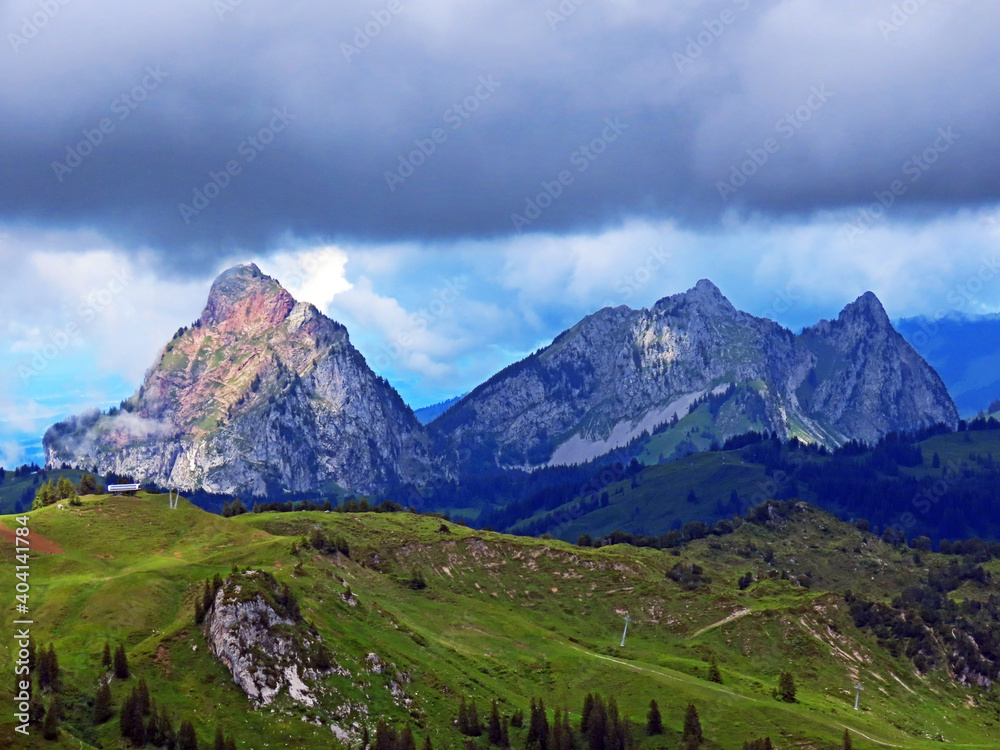 Alpine mountain peaks Gross Mythen, Klein Mythen and Haggenspitz ...