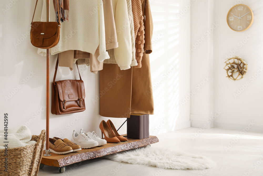 Rack with stylish shoes and women's clothes in dressing room. Modern ...