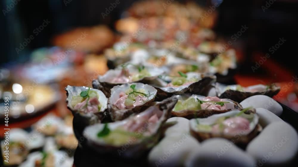 Buffet heated trays with sausages, in hotel luxury restaurant. All ... Buffet heated trays with sausages, in hotel luxury restaurant. All ...