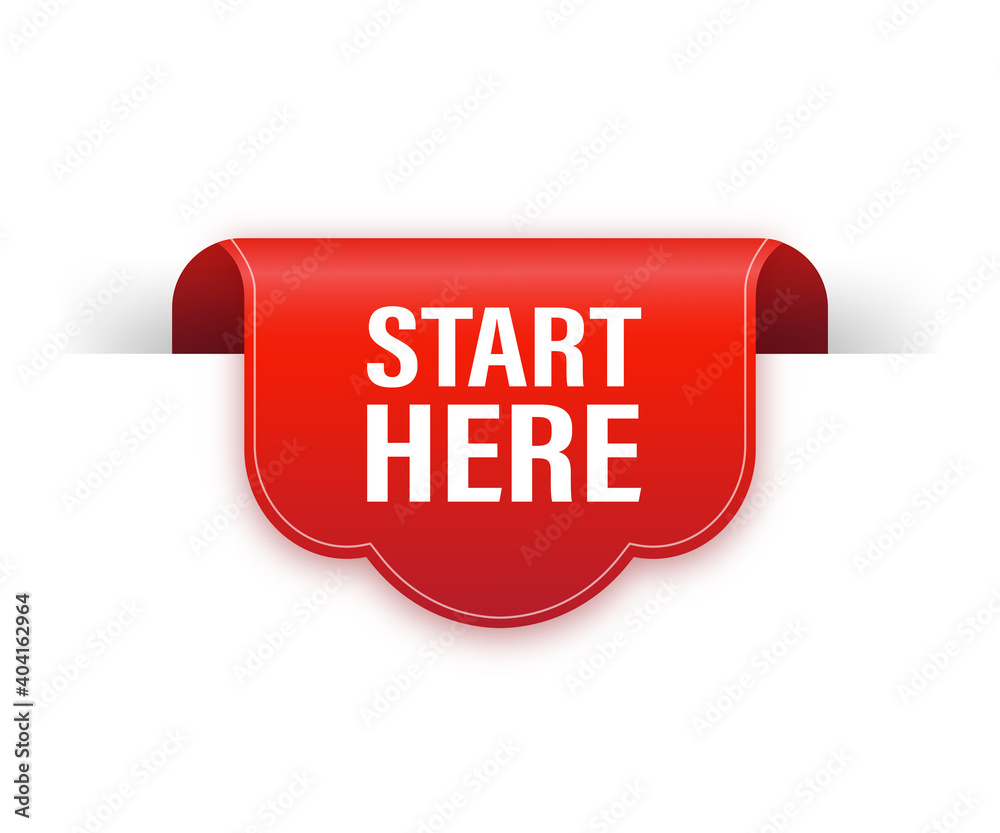 Start here red ribbon isolated on white background. Red label, banner ...