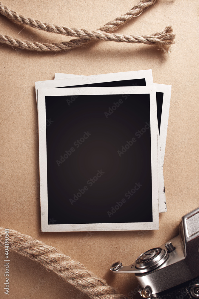 Old photographs on paper texture. Frame around made of ropes and a ...