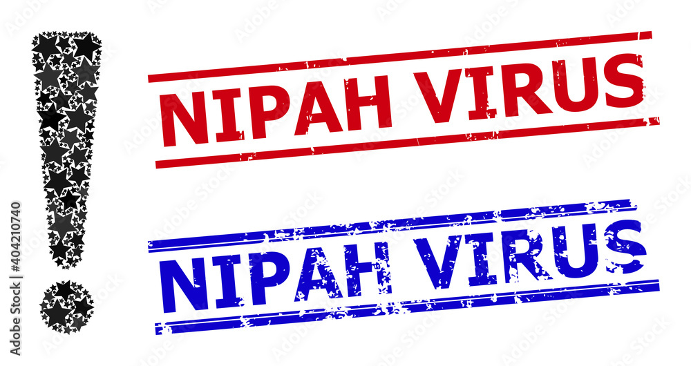 Exclamation sign star mosaic and grunge Nipah Virus seal stamps. Red ...