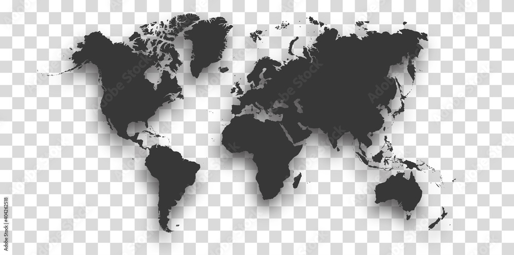World map with shadow - vector illustration of earth map on transparent ...