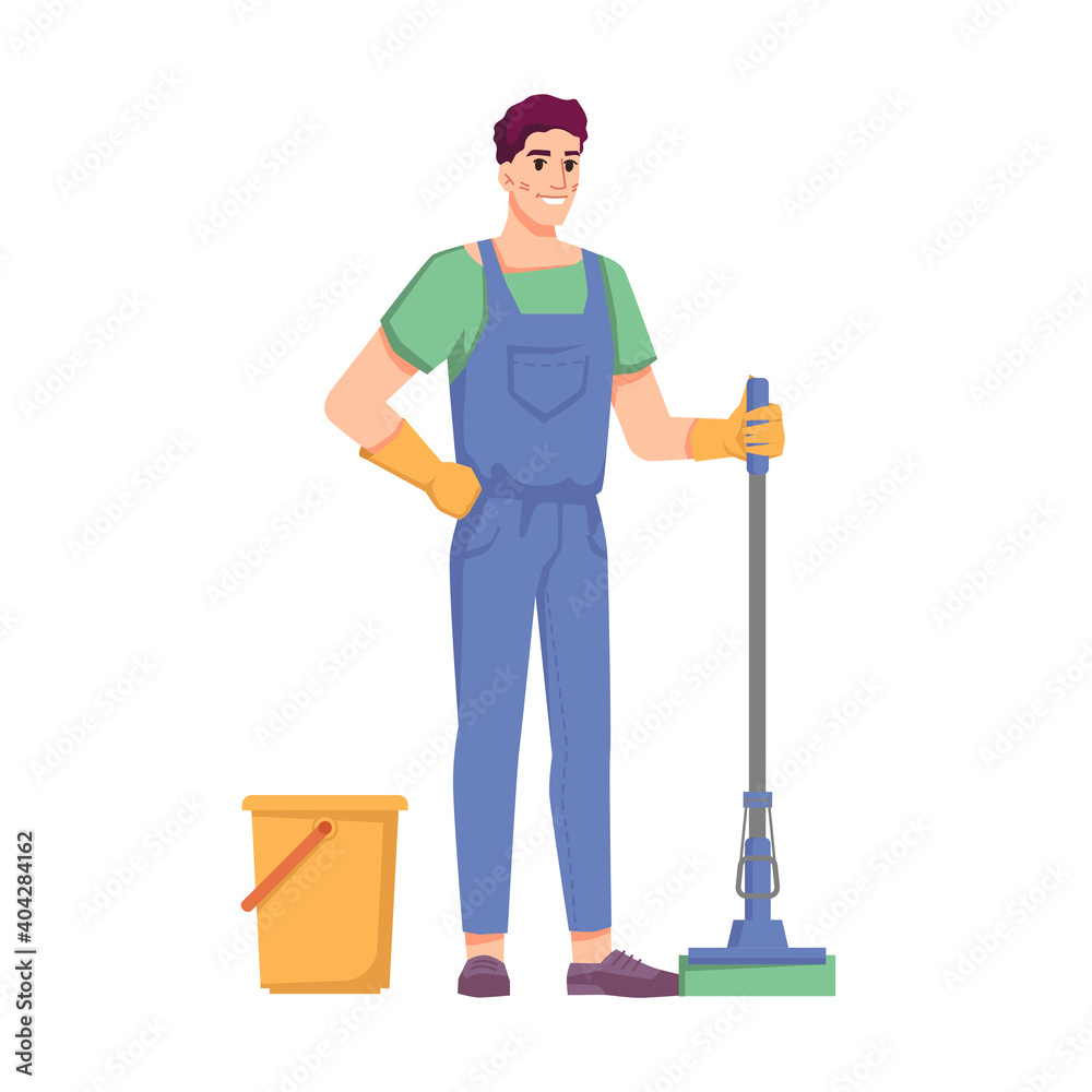 Cleaning service and housekeeping, isolated man with mop and bucket ...