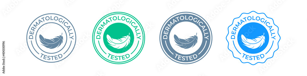 Dermatologically tested icon or label logo with feather, vector tags ...