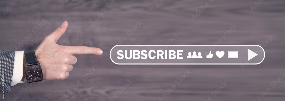 Male hand pointing Subscribe button. Social media Stock Photo | Adobe Stock