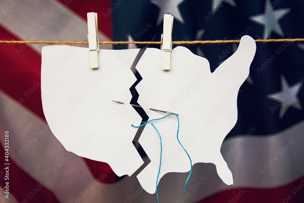 torn map of America USA is sewn back together as a symbol of healing ...