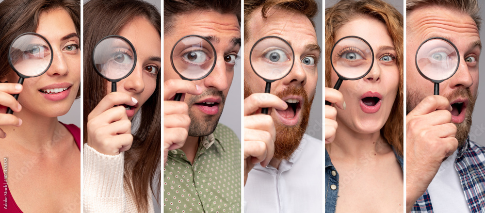 Amazed people looking through magnifying glass Stock Photo | Adobe Stock