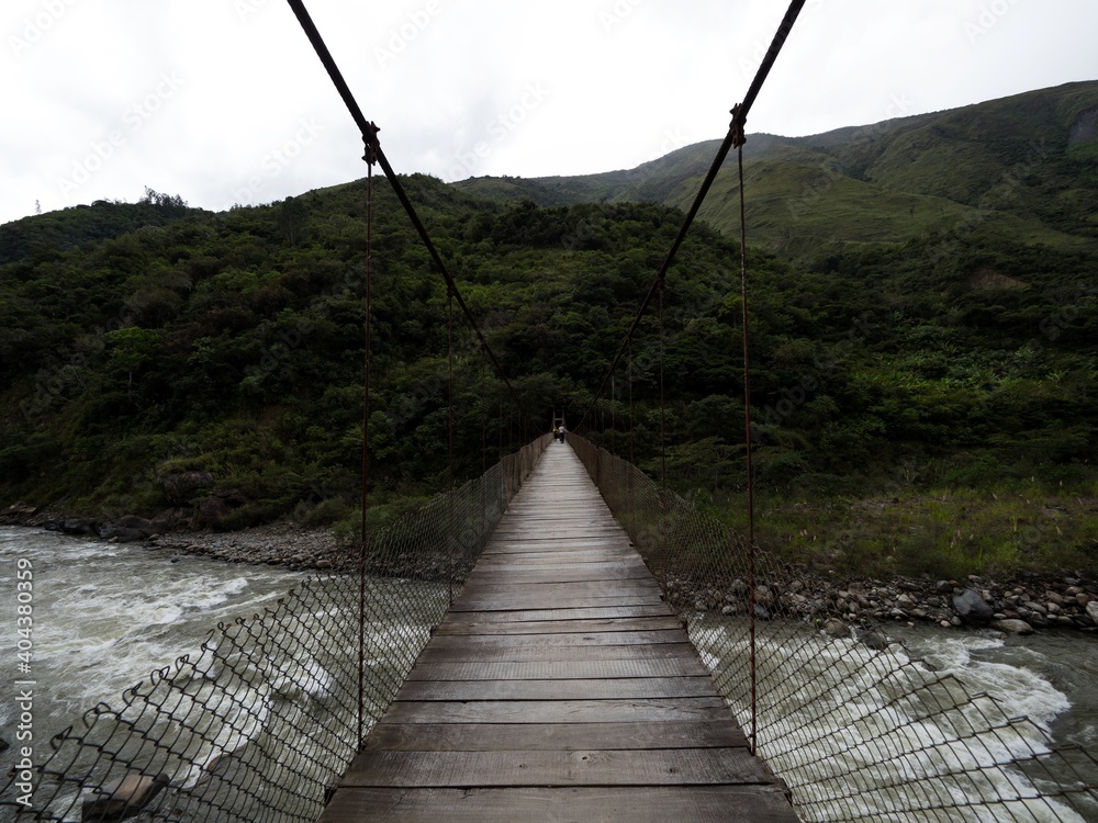 Wooden cable suspension bridge over Urubamba river Inca Jungle Trail ...