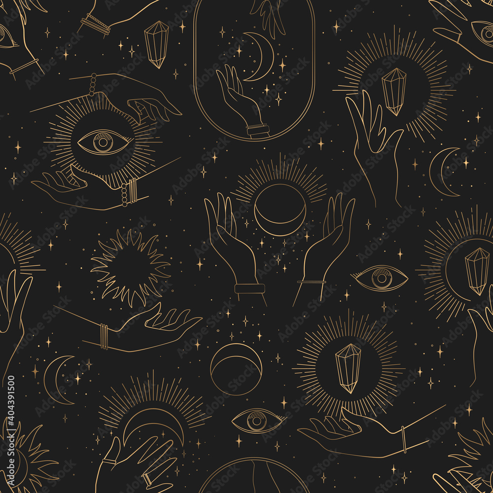 Vector seamless mysterious pattern with gold abstract hands, sun, moon ...