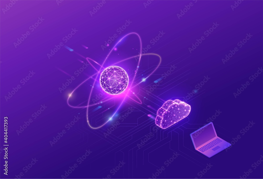 Quantum computer futuristic processor, chip with network, isometric ...