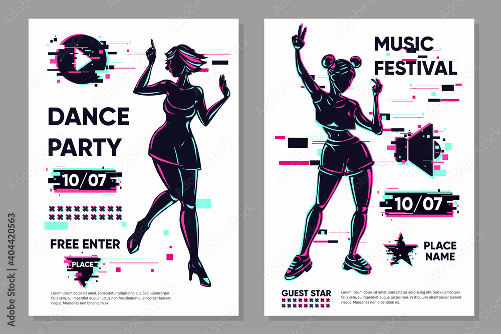 Posters set with dancing girls. Dance festival banner template. Party ...