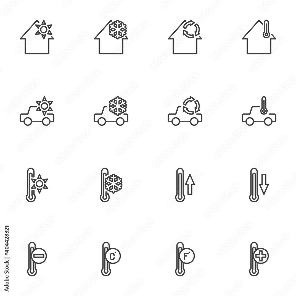 Heating cooling system line icons set, outline vector symbol collection ...