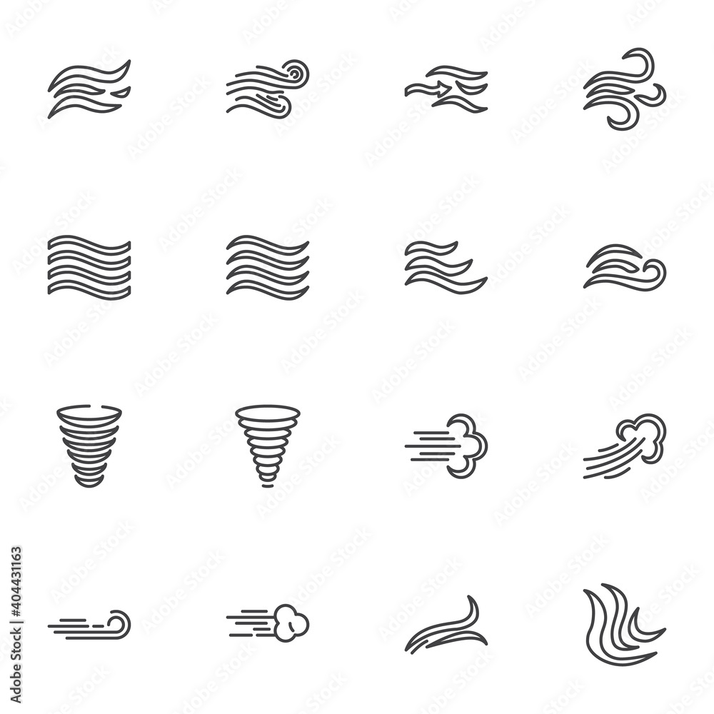 Vetor de Wind blow line icons set, outline vector symbol collection ...