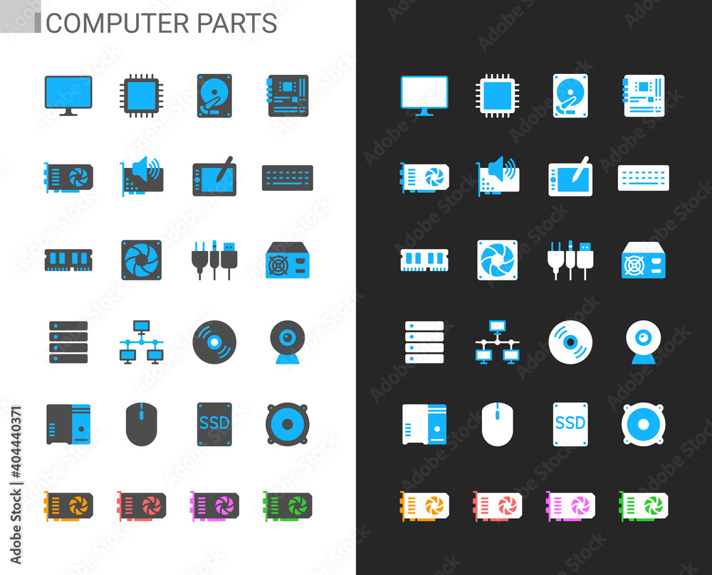 Computer part icons light and dark theme. Pixel perfect. Stock Vector ...
