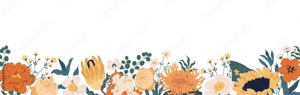 Gorgeous floral backdrop with border of blooming autumn flowers and ...