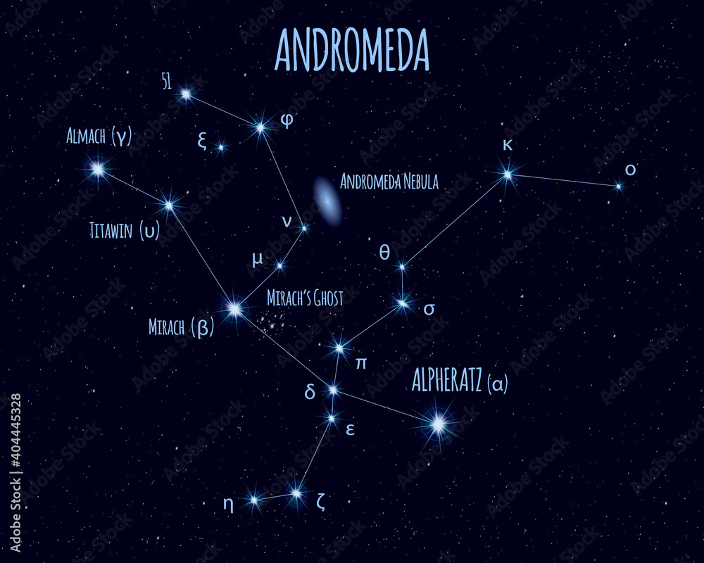 Andromeda constellation, vector illustration with the names of basic ...