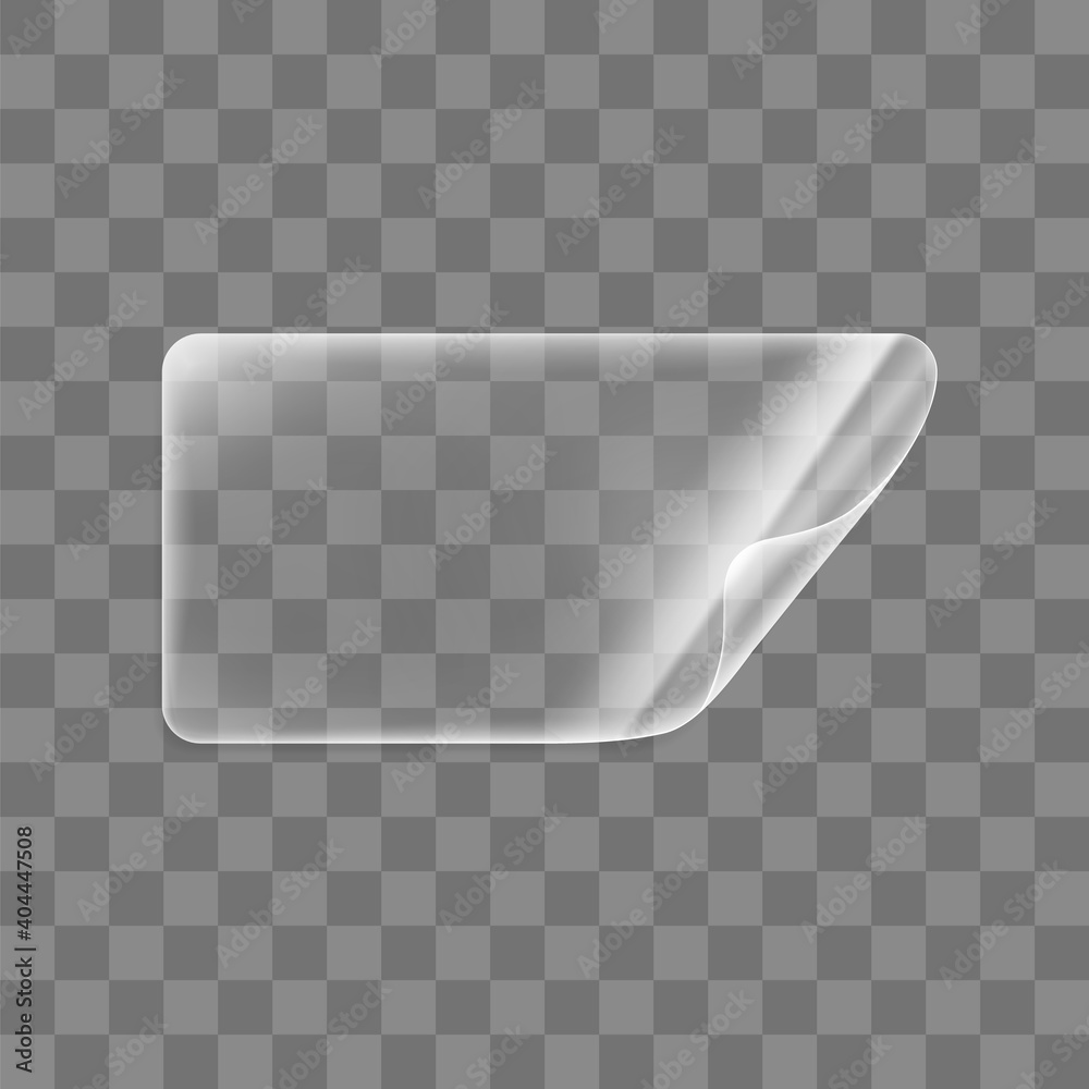 Transparent glued rectangle sticker with curled corner mock up. Blank ...