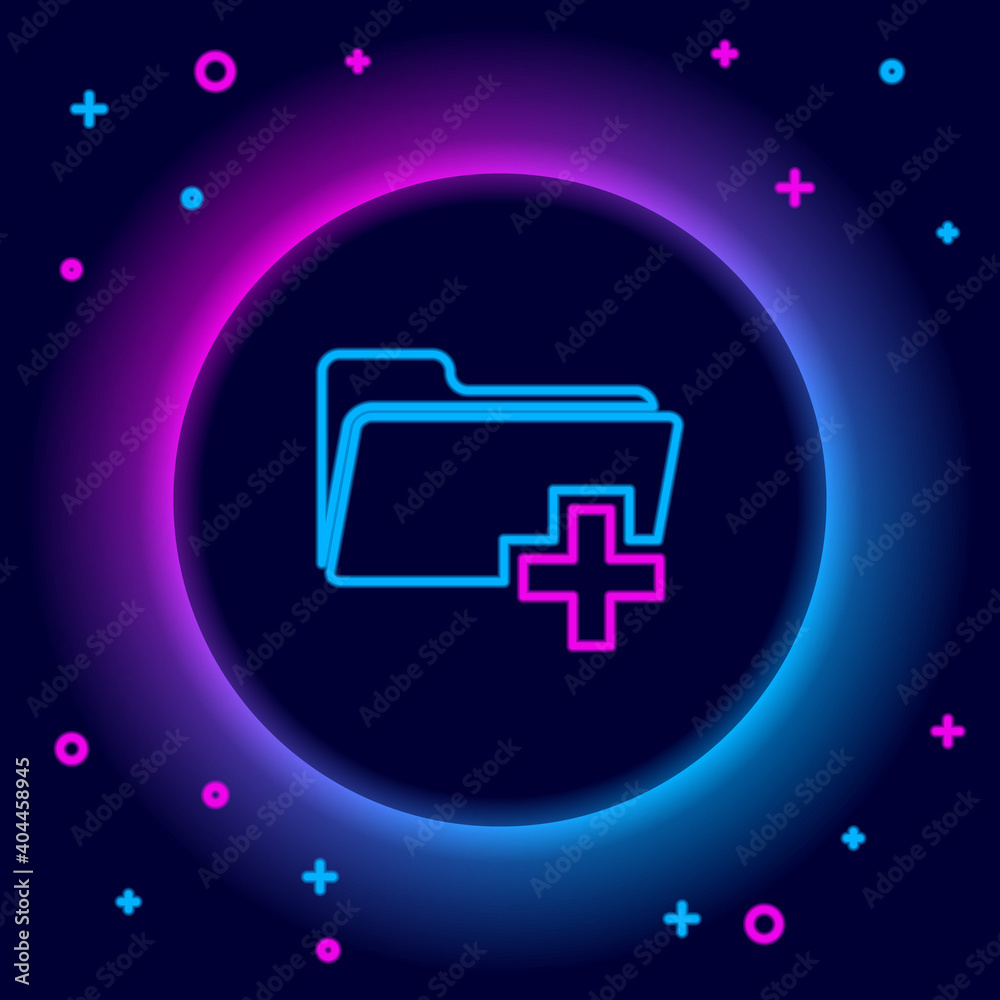 Glowing neon line Add new folder icon isolated on black background. New ... Glowing neon line Add new folder icon isolated on black background. New ...
