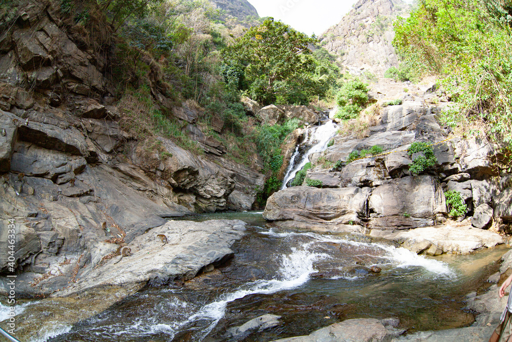 Ravana Waterfall in a rutting mountain gorge in Sri Lanka. Stock Photo ...