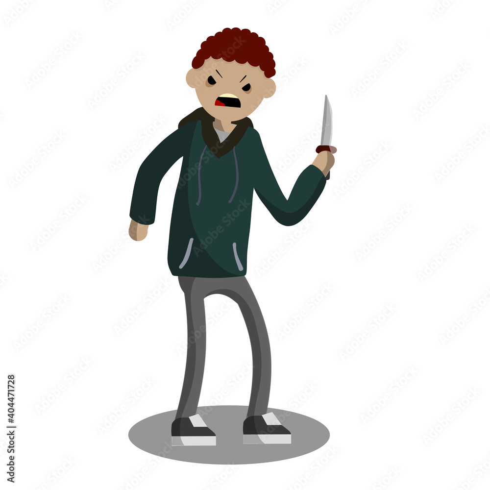 Angry young man with a knife. The Street Crime. A criminal guy offender ...