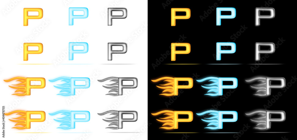 Attractive vector set of P letter in fire flame. ice and metal styles ...