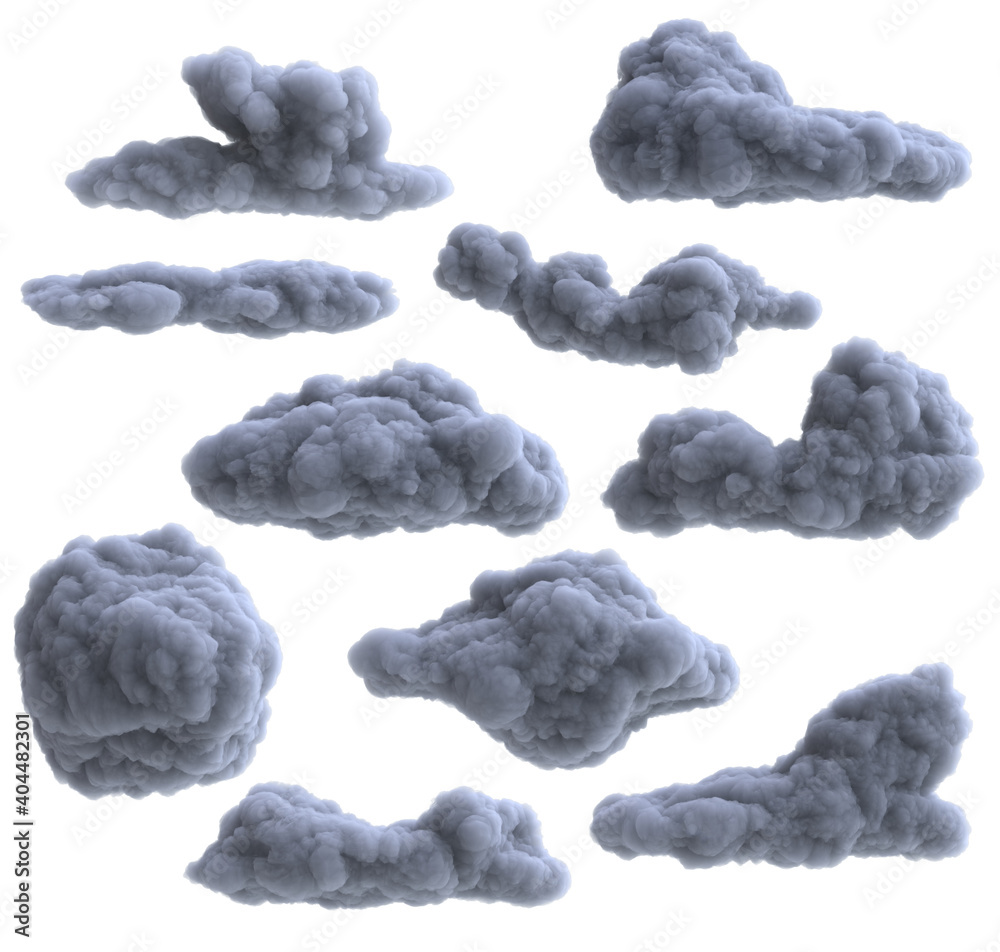 Collection realistic cartoon overcast rain cloud isolated on white ...