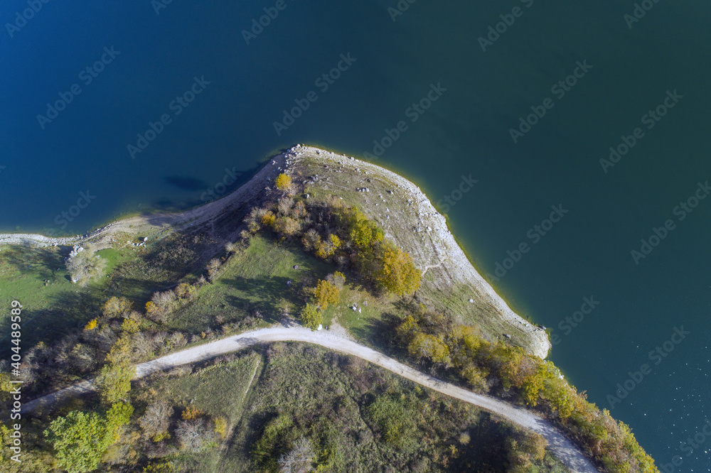 Aerial view of Lake Turano in Rieti, Castel di tora, colle di tora and ...