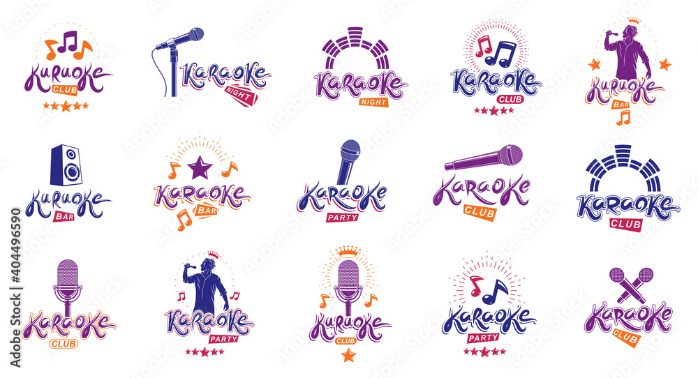 Karaoke party or club logos and emblems vector set isolated, singing ...