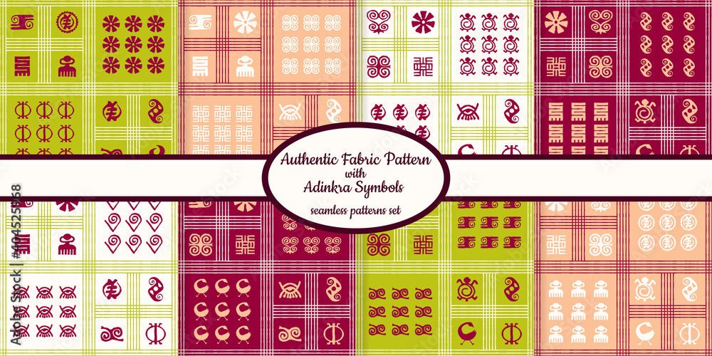 Collection of seamless authentic fabric patterns with african adinkra ...