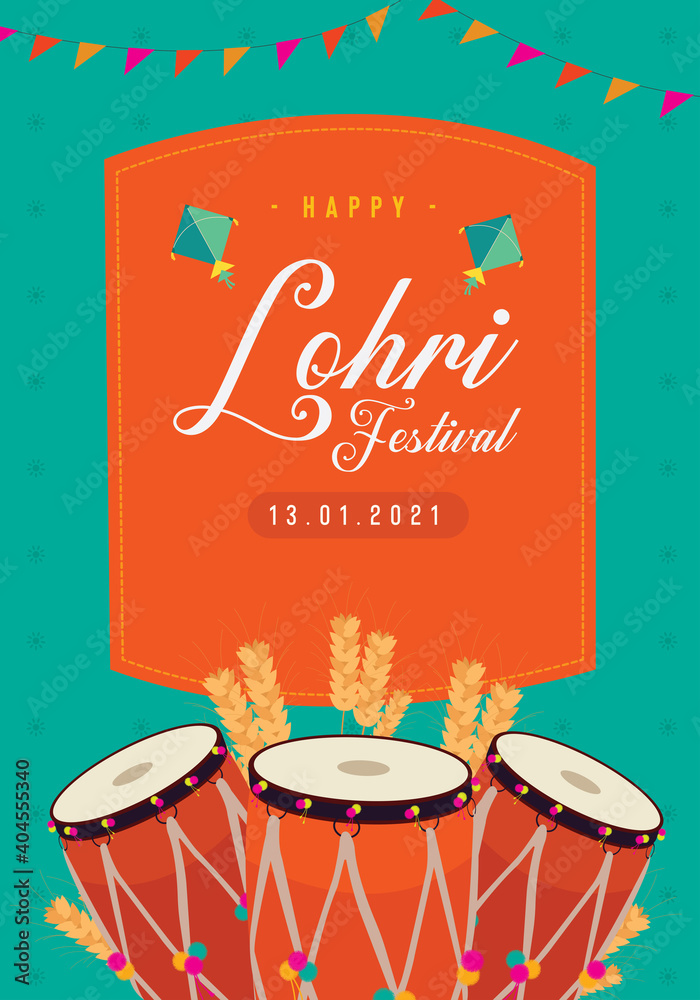Happy Lohri text with dhole and grain vector template design for Indian ...