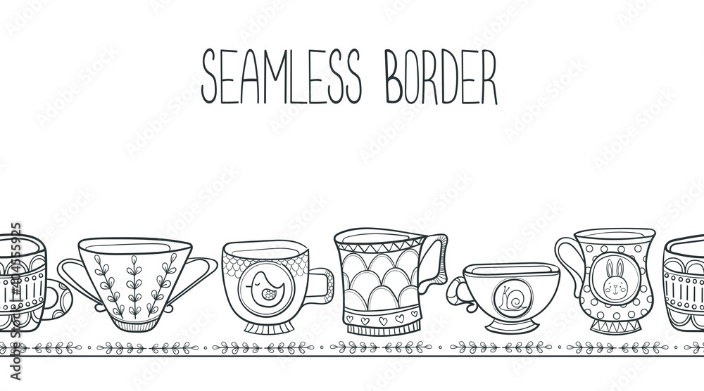 Seamless endless border frame with cartoon contour cups. Vector black ...