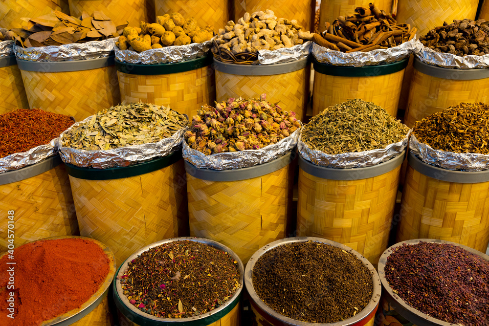 Variety of colorful Arabic spices and herbs on the arab street market ...