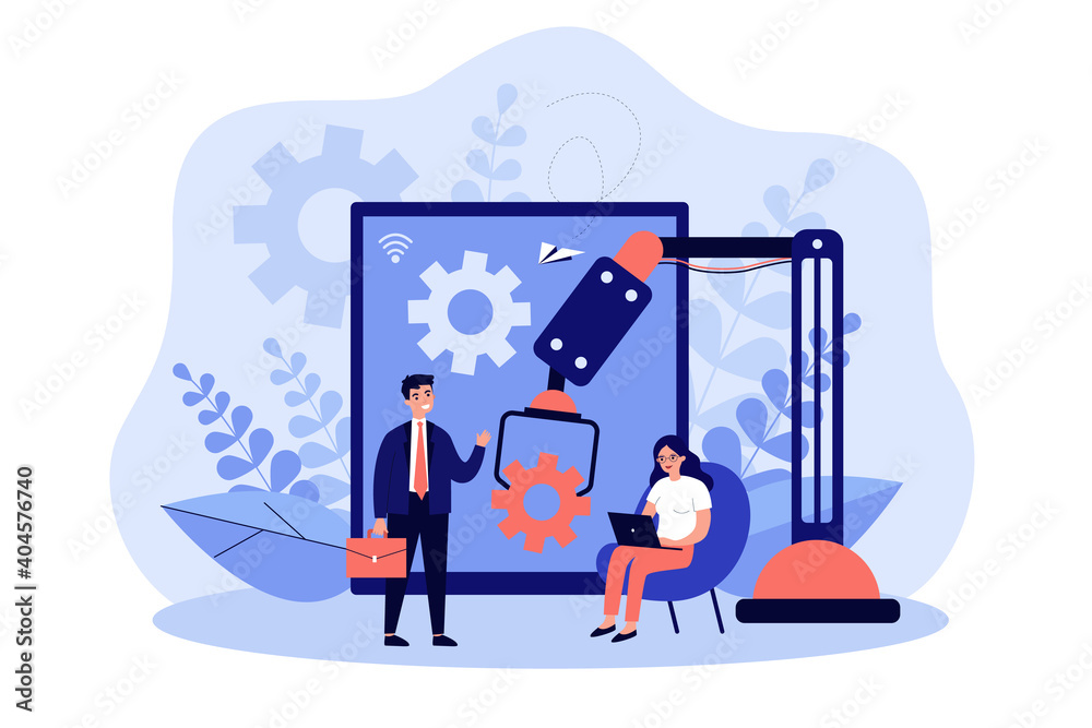 Positive tiny people working with artificial intelligence isolated flat ...
