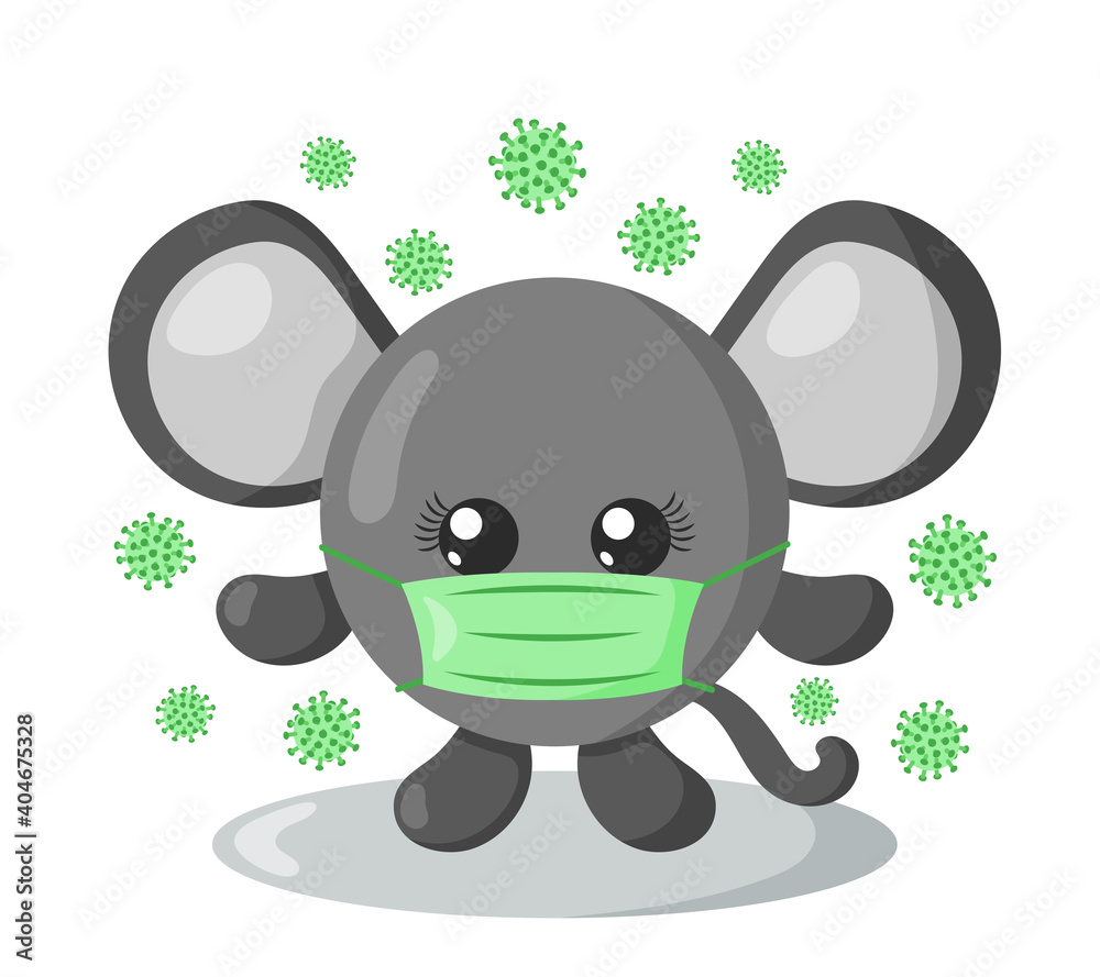 Funny cute kawaii mouse with round body and protective medical face ...