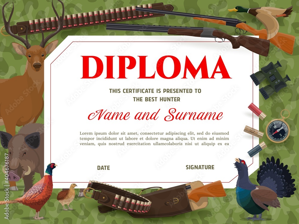 Diploma with wild animals and hunting ammo and weapon. Vector ...