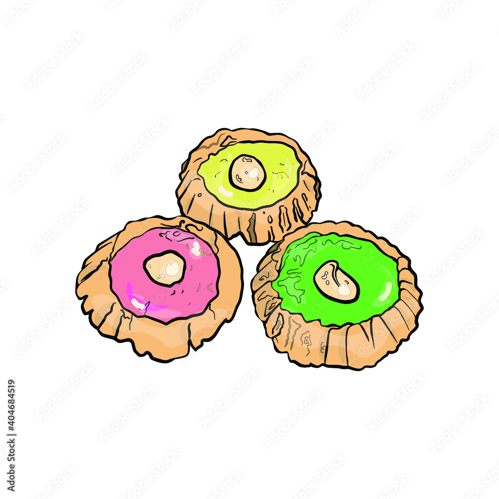 Vector cookies with pink, green and yellow filling, baked goods ...