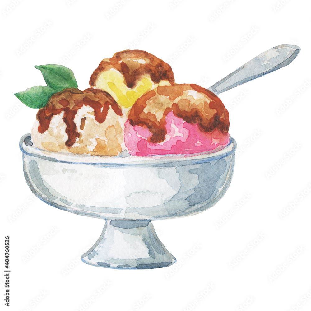 Watercolor drawing of delicious ice cream. Popsicles with syrup. Food ...