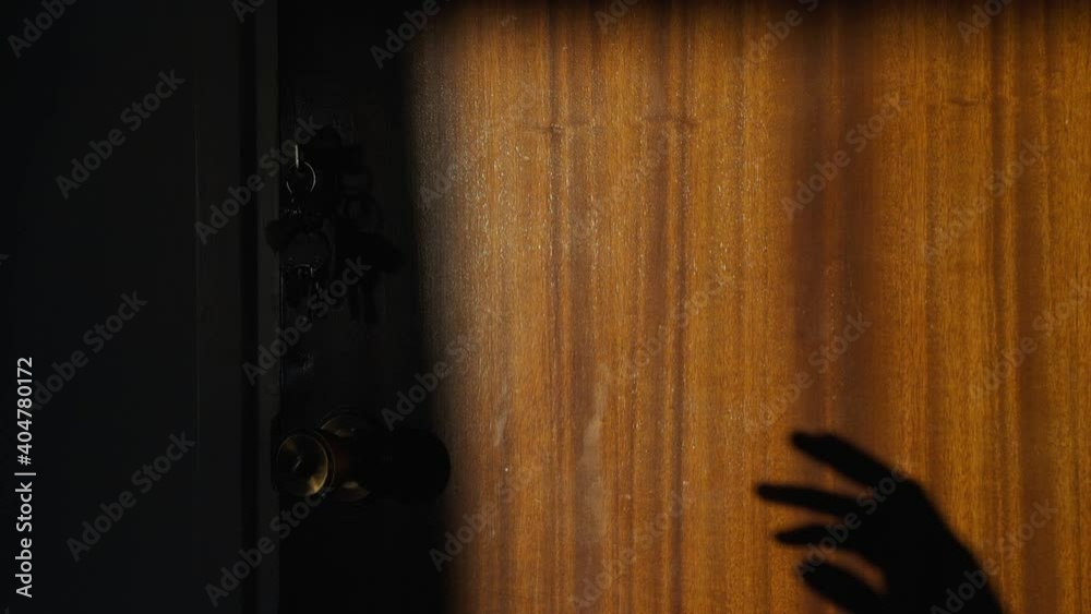 Scary shadow of a hand on the door. Silhouette of a thief hand trying ...