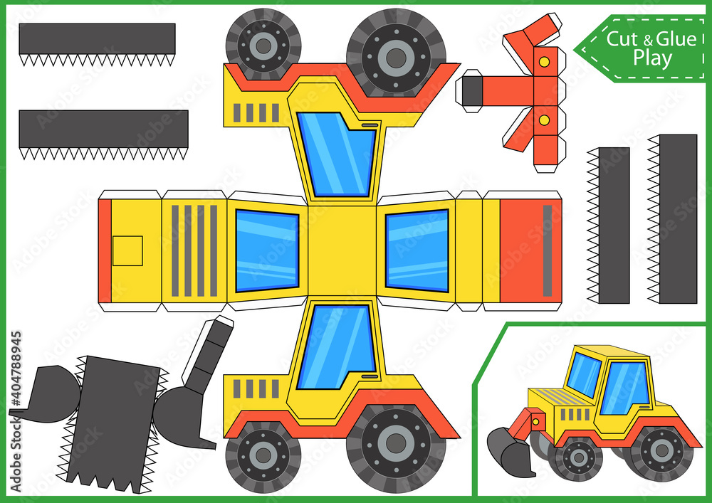 Cut and glue the paper 3d tractor. Worksheet with funny education ...