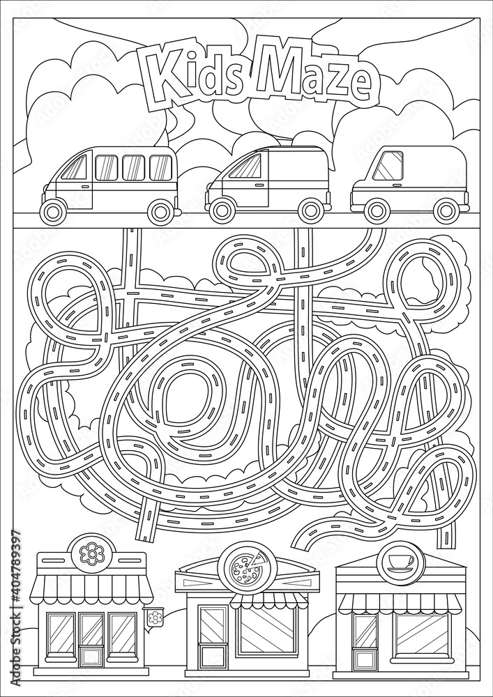 Vetor de Children maze and coloring. Road from cars to shops. Kids ...