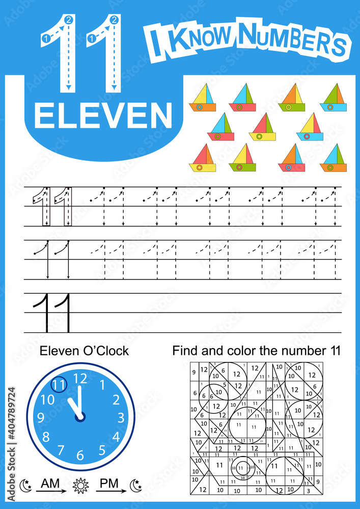 Write numbers eleven. Kids learn to count worksheet. Children ...