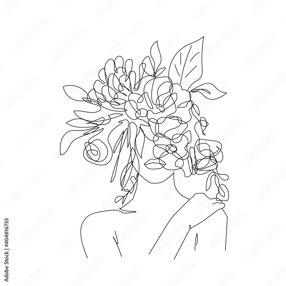 Abstract Woman Face Line Art Style With Flowers And Leaves Female